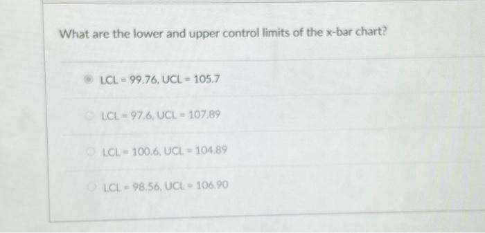 Solved What are the lower and upper control limits of the | Chegg.com | Chegg.com