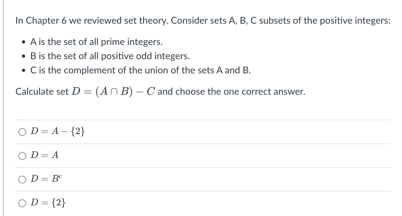 Solved In Chapter 6 ﻿we reviewed set theory. Consider sets | Chegg.com