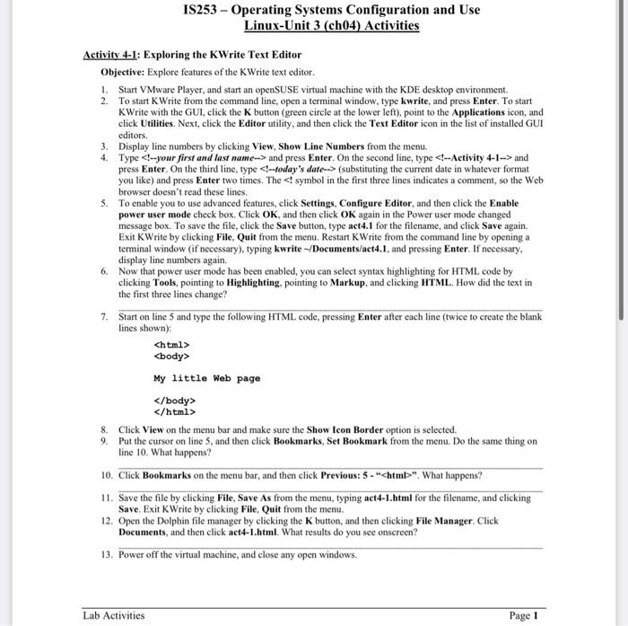 Solved Activity 4-1: Exploring the KWrite Text Editor | Chegg.com