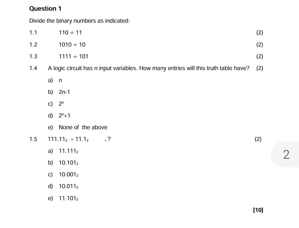 Solved Divide the binary numbers as indicated: | Chegg.com