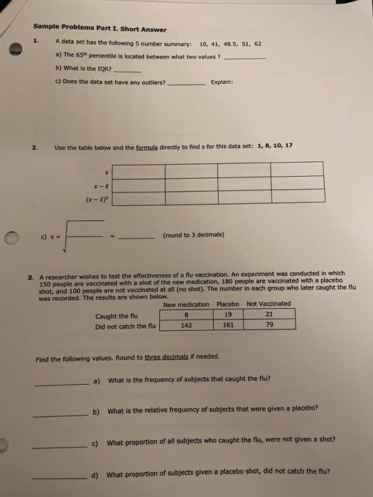 Solved Sample Problems Part I, Short Answer 1. A data set | Chegg.com