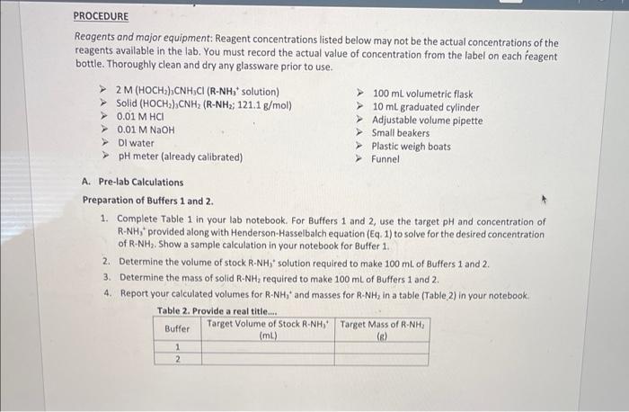A. Pre-lab Calculations Preparation of Buffers 1 and | Chegg.com
