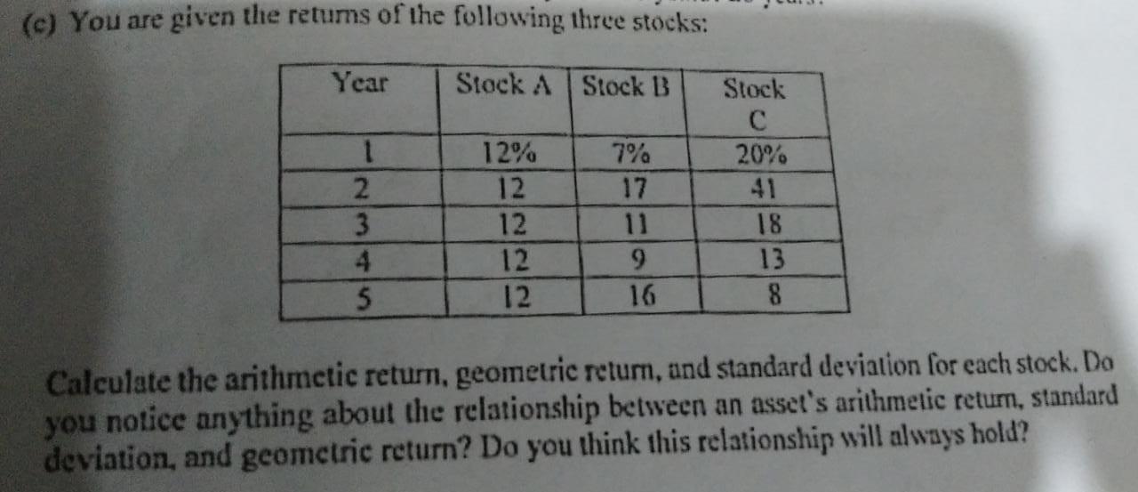 Solved (c) You are given the retums of the following three | Chegg.com