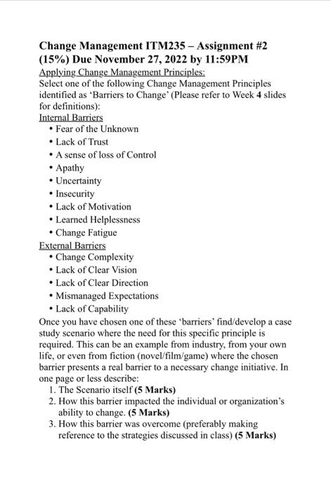 Solved Change Management ITM235 - Assignment \#2 (15\%) Due | Chegg.com Solved Change Management ITM235 - Assignment \#2 (15\%) Due | Chegg.com