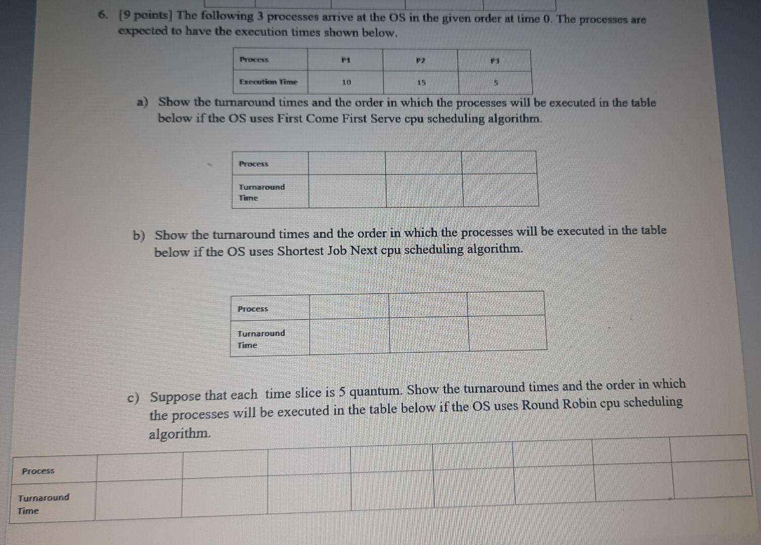 Solved Process Turnaround Time 6. [9 points] The following 3 | Chegg.com