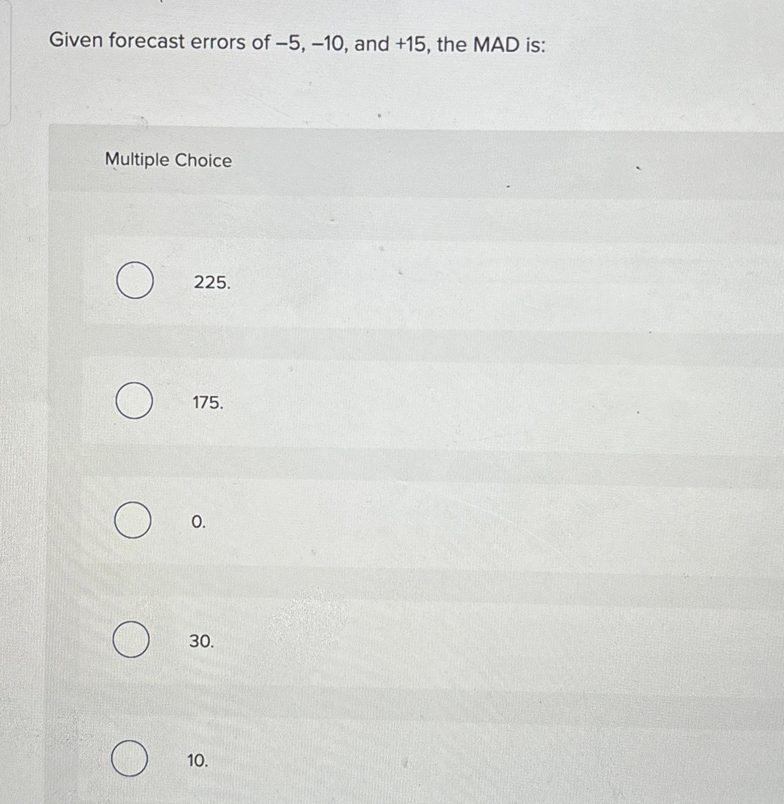 Solved Given forecast errors of -5,-10, ﻿and +15 , ﻿the MAD | Chegg.com