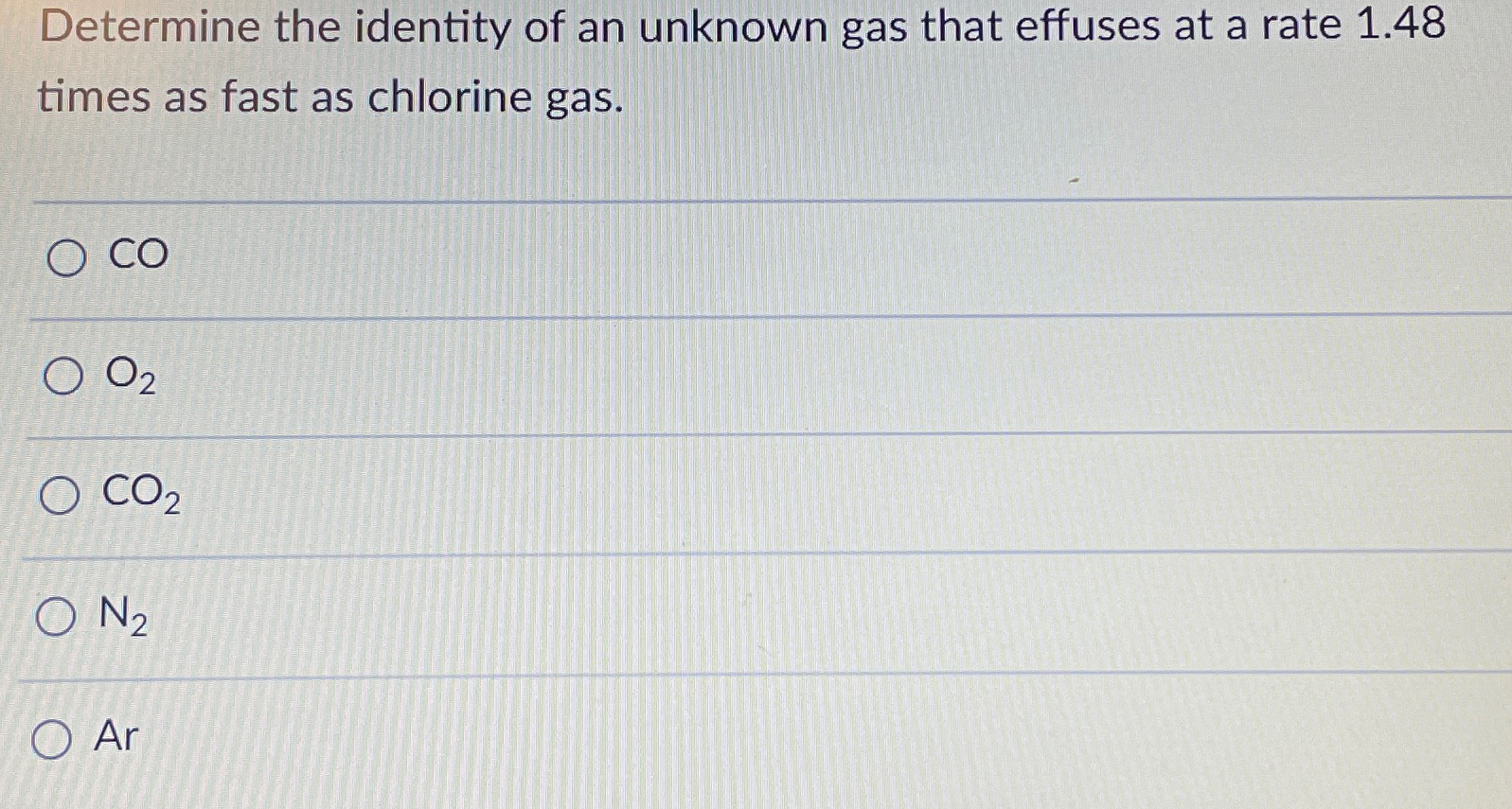 Solved Determine the identity of an unknown gas that effuses | Chegg.com