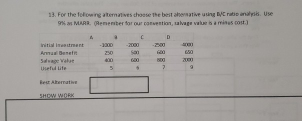 Solved 13. For the following alternatives choose the best | Chegg.com