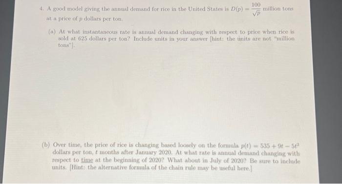Solved 100 √P 4. A good model giving the annual demand for | Chegg.com
