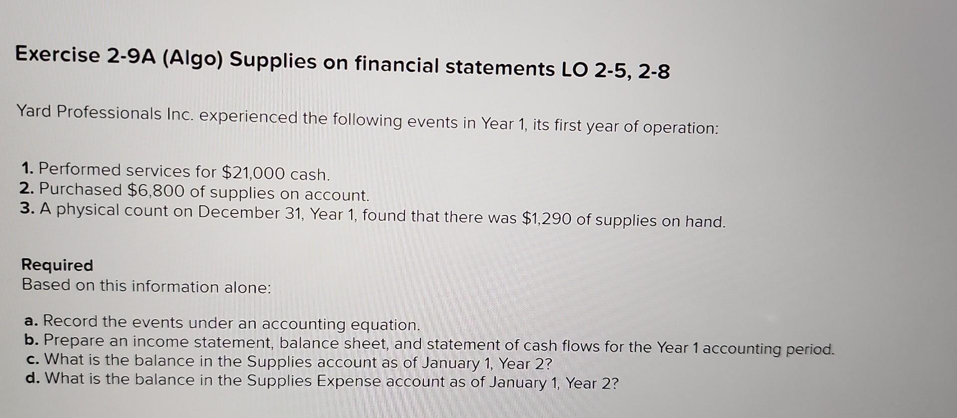 Solved Exercise 2-9A (Algo) Supplies on financial statements | Chegg.com
