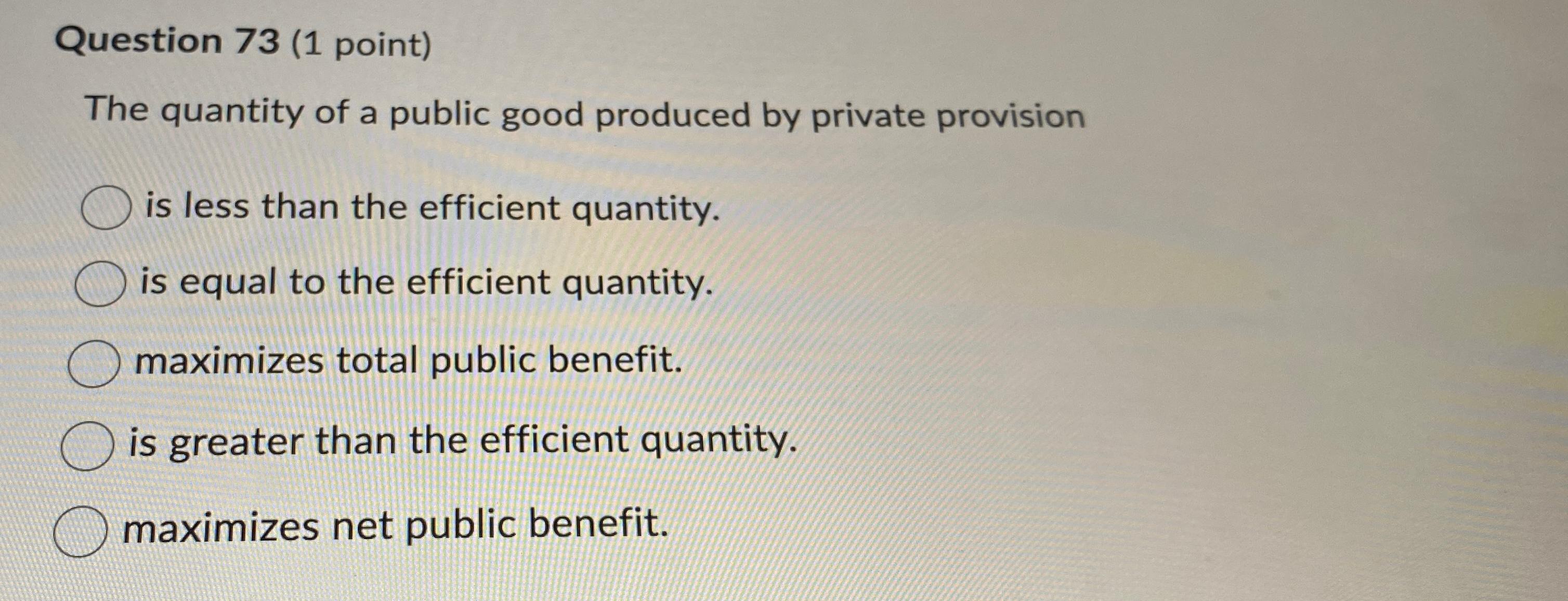 Solved Question 73 (1 ﻿point)The quantity of a public good | Chegg.com