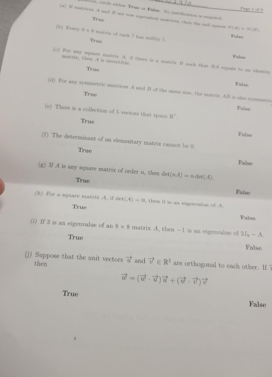 Solved (A) If matrioes A and B are powe or False. No | Chegg.com