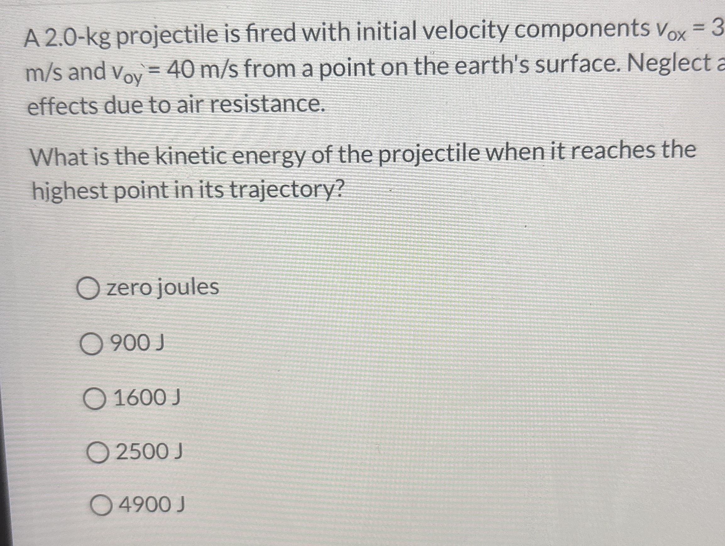 Solved A 2.0-kg projectile is fired with initial velocity | Chegg.com