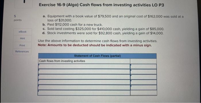 Solved Exercise 16-9 (Algo) Cash flows from investing | Chegg.com