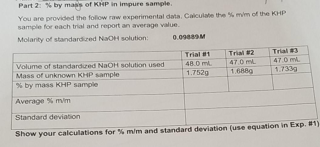 Solved Part 2: % by mass of KHP in impure sample. You are | Chegg.com