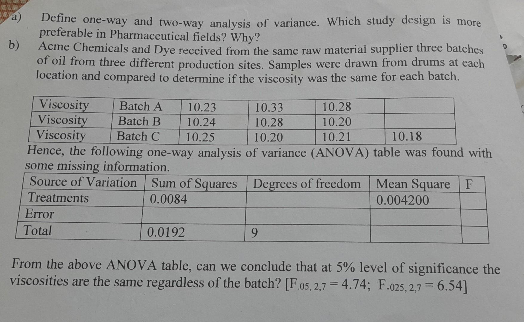 Solved a) Define one-way and two-way analysis of variance. | Chegg.com
