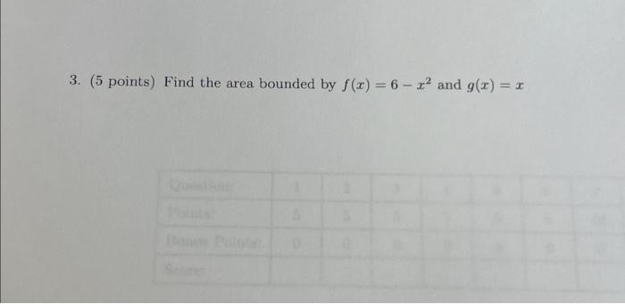 Solved 3. (5 points) Find the area bounded by f(x)=6−x2 and | Chegg.com