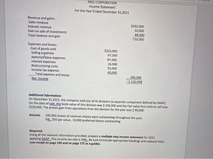 Solved AXEL CORPORATION Income Statement For the Year Ended | Chegg.com