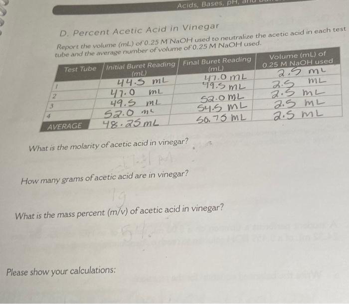 Solved Acids, Bases, pH, D. Percent Acetic Acid in Vinegar | Chegg.com