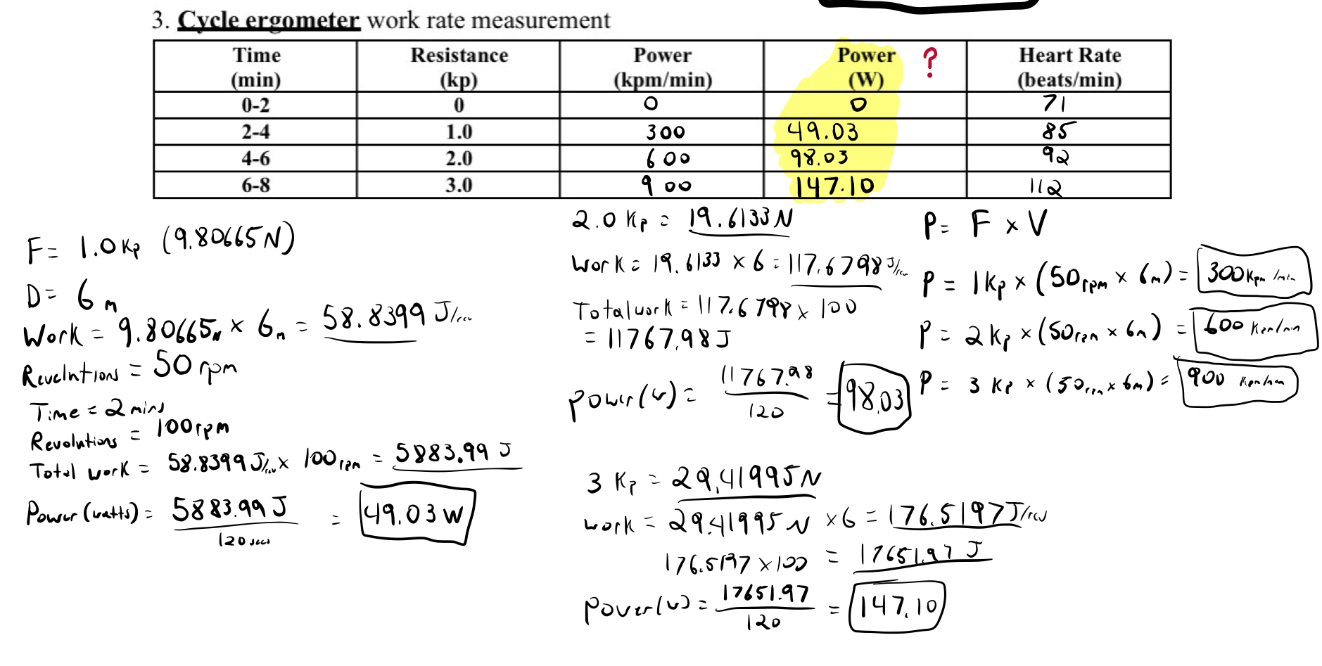 Solved Cycle ergometer work rate measurement... did i | Chegg.com