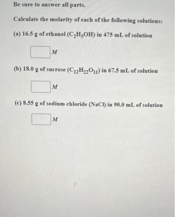 Solved Be sure to answer all parts. Calculate the molarity | Chegg.com