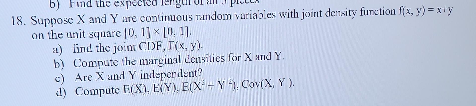 Solved 18. Suppose X and Y are continuous random variables | Chegg.com