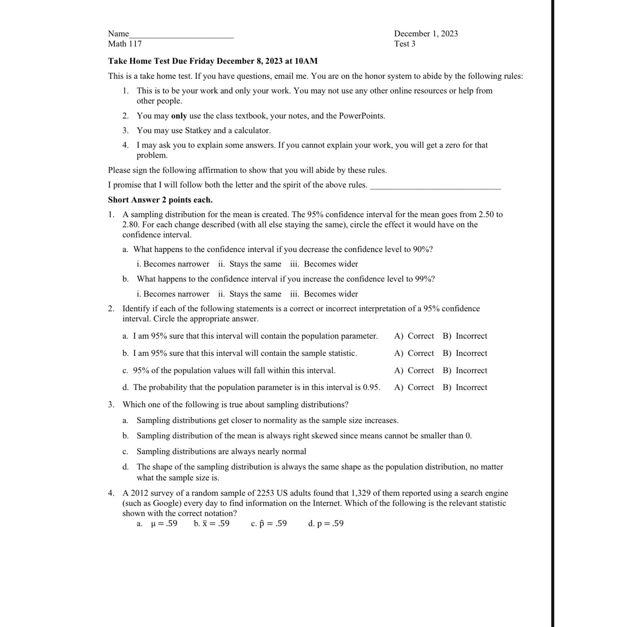 Solved NameDecember 1, 2023Math 117Test 3Take Home Test Due | Chegg.com