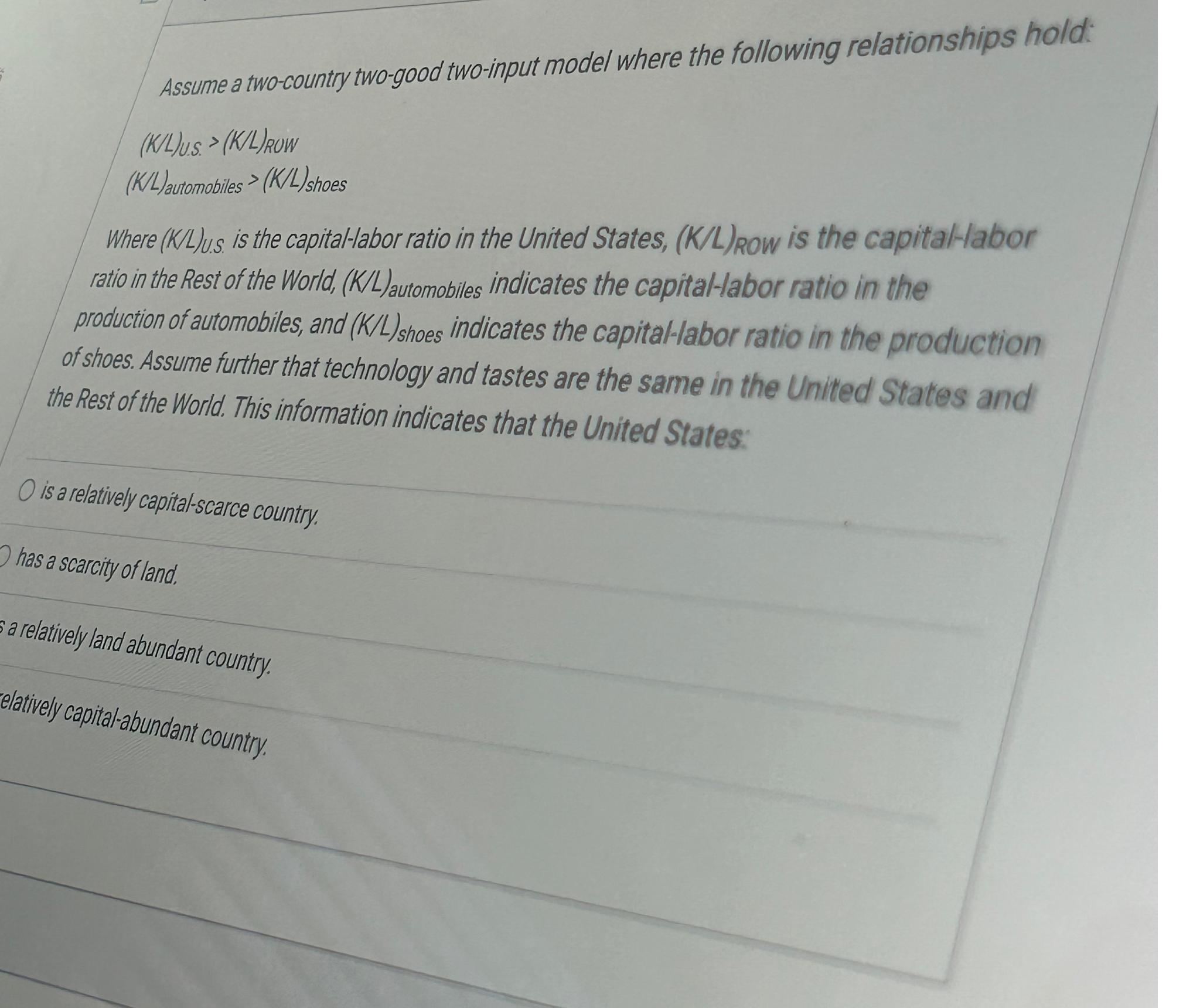 Solved Assume a two-country two-good two-input model where | Chegg.com