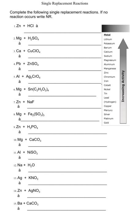 Solved Single Replacement Reactions Complete the following | Chegg.com