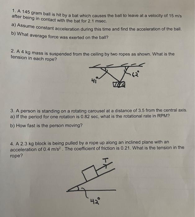 Solved 1. A 145 gram ball is hit by a bat which causes the | Chegg.com