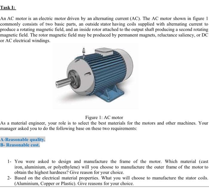 Solved Task 1: An AC motor is an electric motor driven by an | Chegg.com