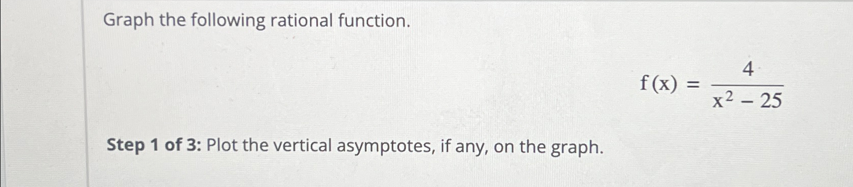 Solved Graph the following rational function.f(x)=4x2-25Step | Chegg.com