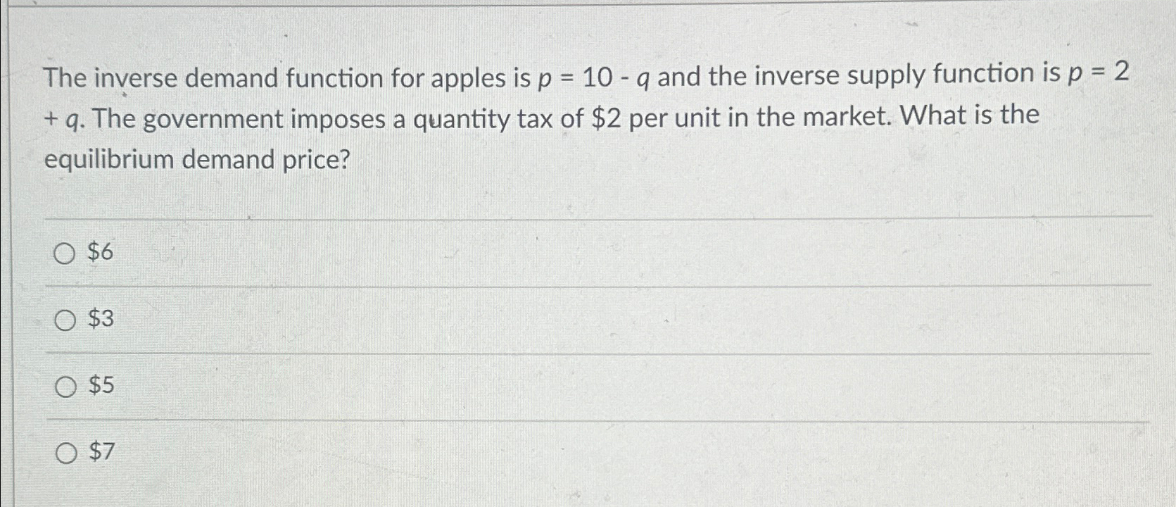Solved The inverse demand function for apples is p=10-q ﻿and | Chegg.com