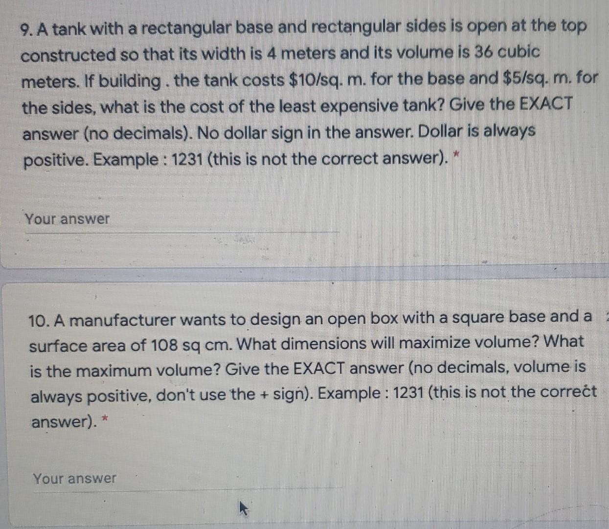 Solved 9. A tank with a rectangular base and rectangular | Chegg.com