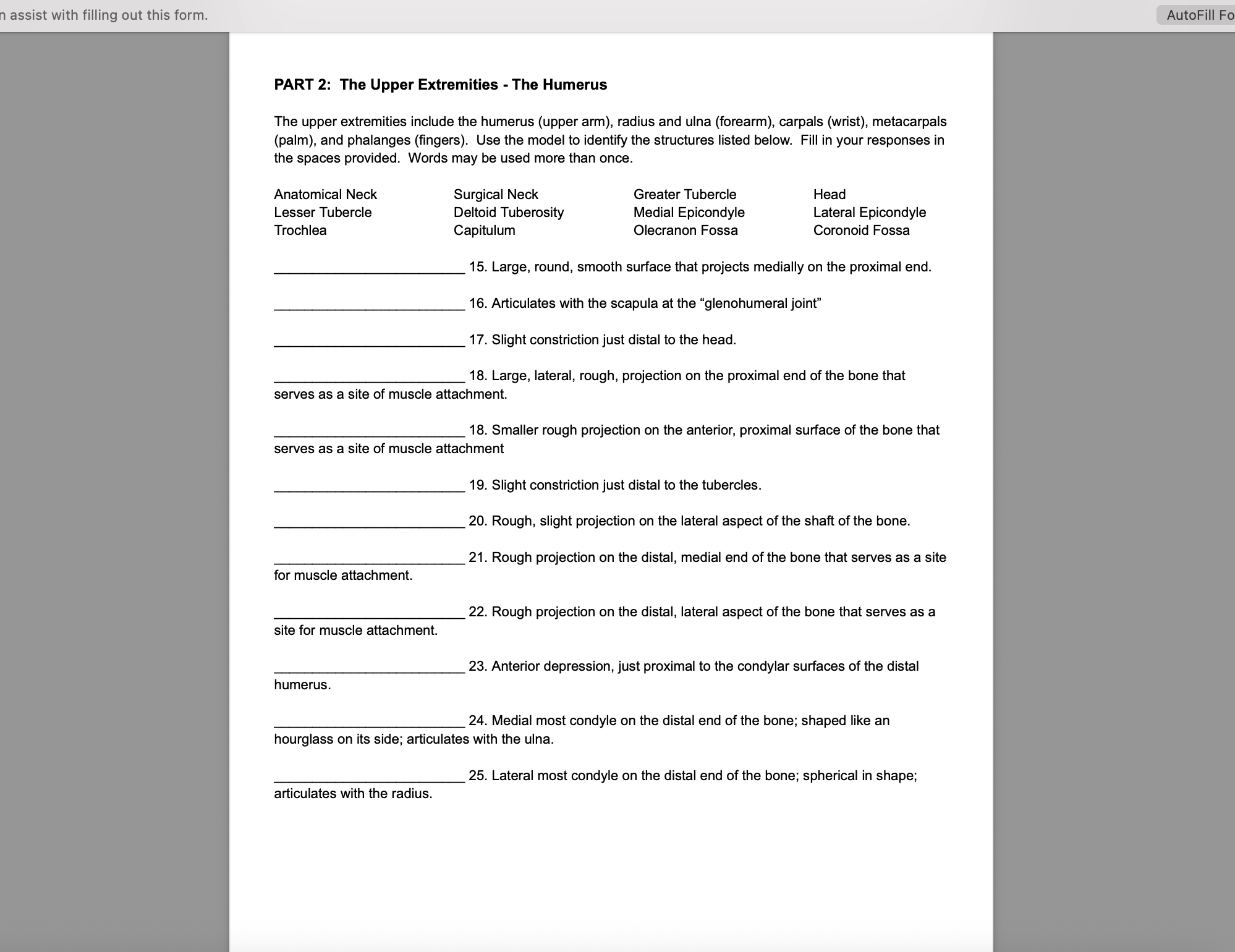 Solved PART 2: The Upper Extremities - ﻿The HumerusThe upper | Chegg.com