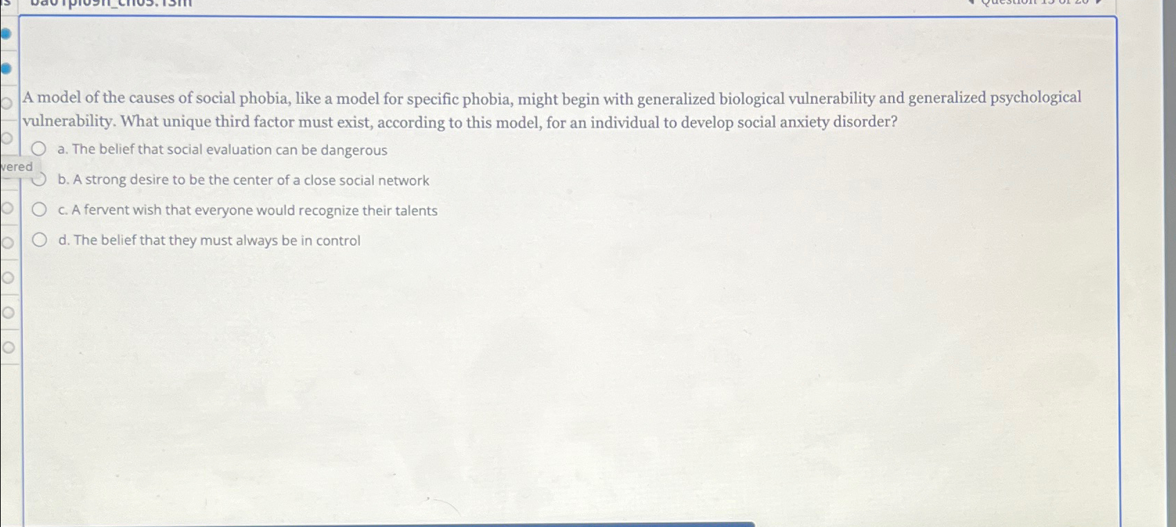 Solved A model of the causes of social phobia, like a model | Chegg.com