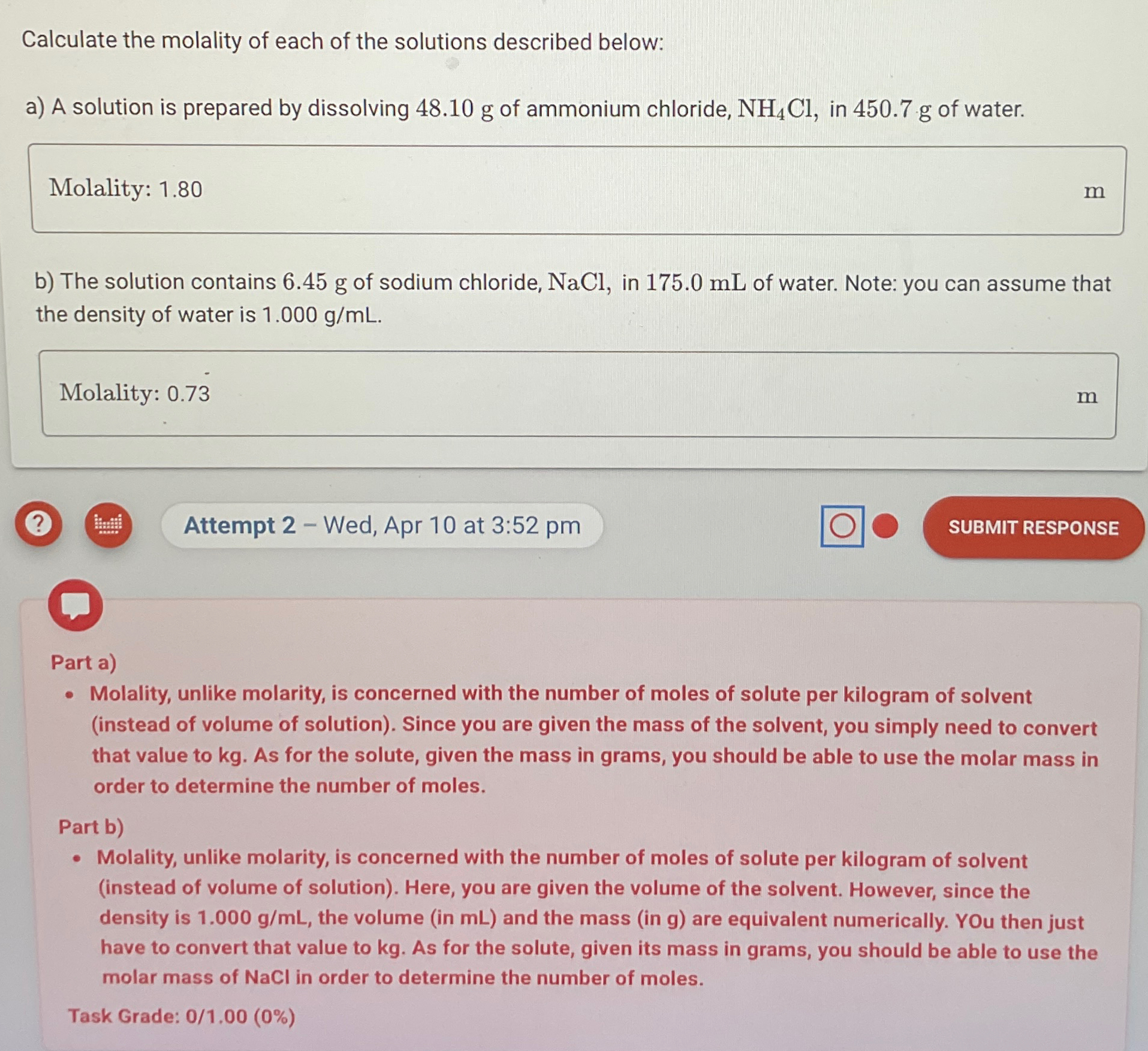 Solved Calculate the molality of each of the solutions | Chegg.com
