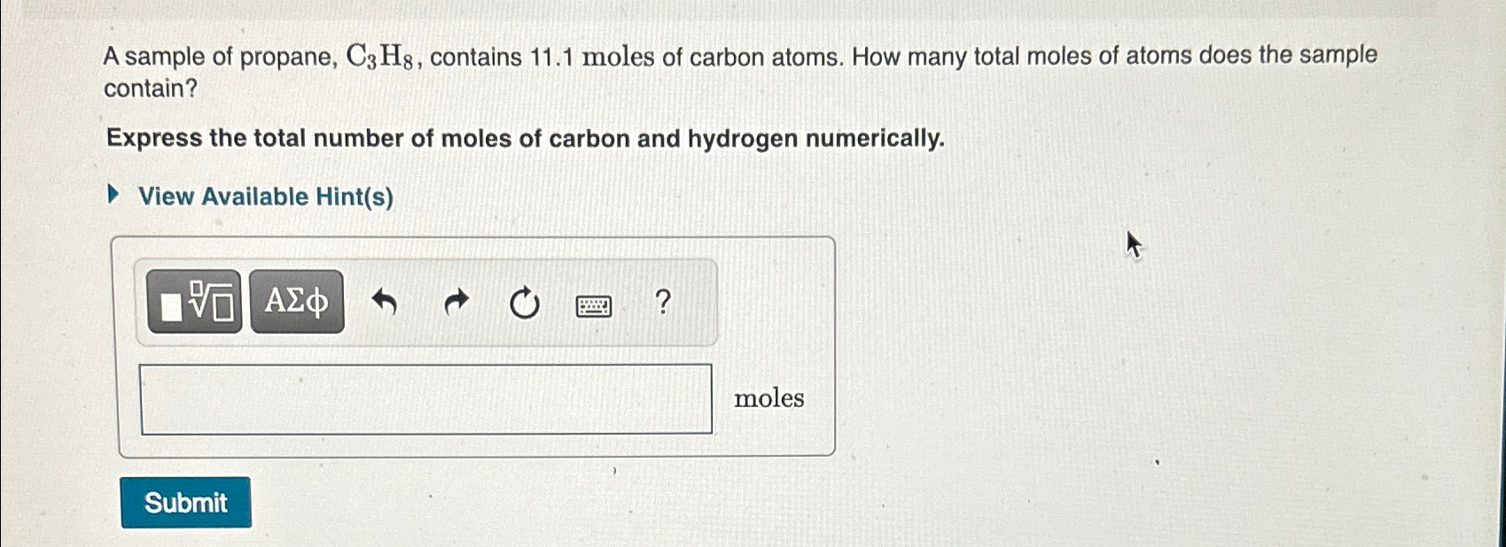 Solved A sample of propane, C3H8, ﻿contains 11.1 ﻿moles of | Chegg.com
