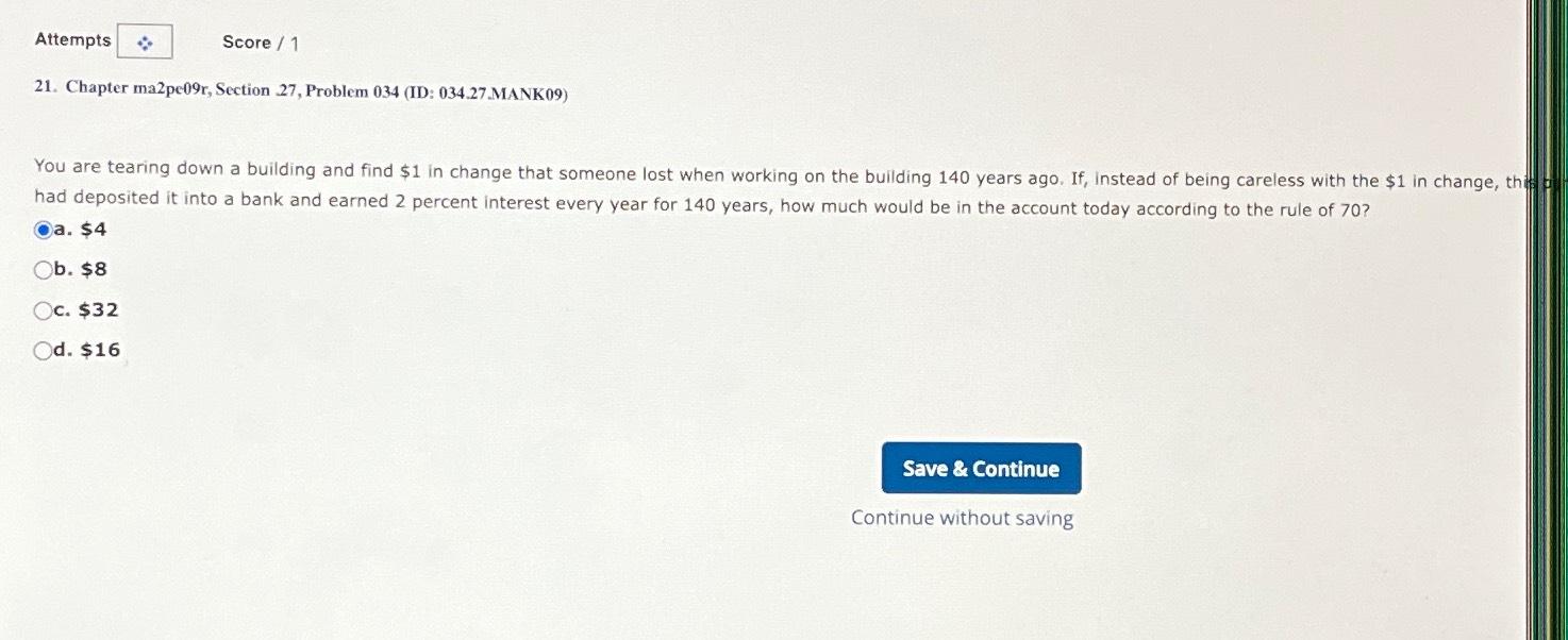 Solved AttemptsScore / 121. ﻿Chapter ma2pe09r, ﻿Section .27, | Chegg.com