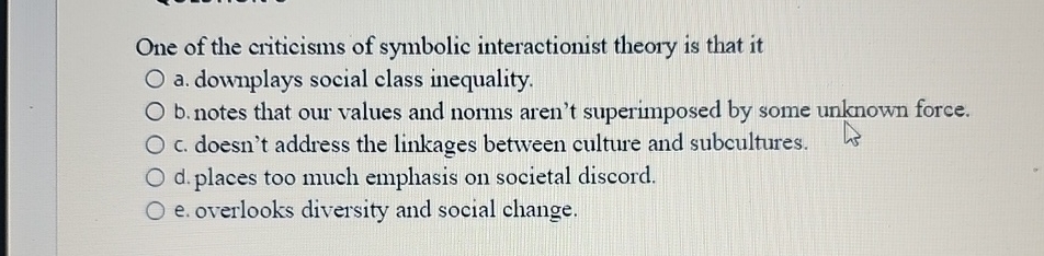 Solved One of the criticisms of symbolic interactionist | Chegg.com