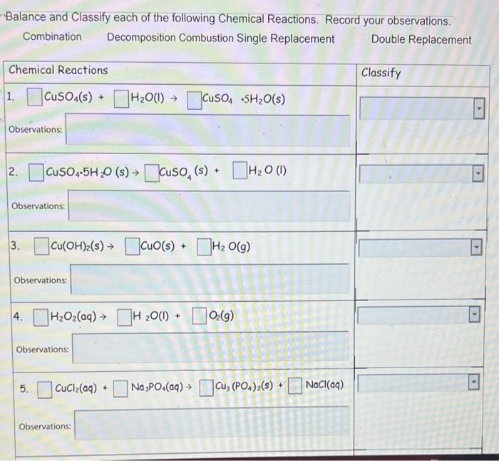 Solved Balance and Classify each of the following Chemical | Chegg.com