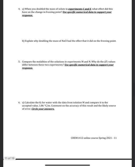 Part 1: Freezing Point Depression Data Collect all | Chegg.com