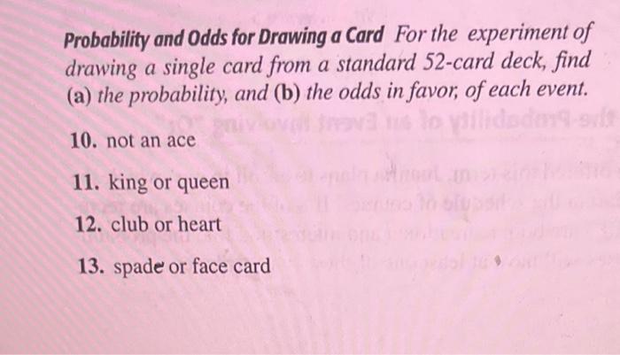 Solved Probability and Odds for Drawing a Card For the | Chegg.com