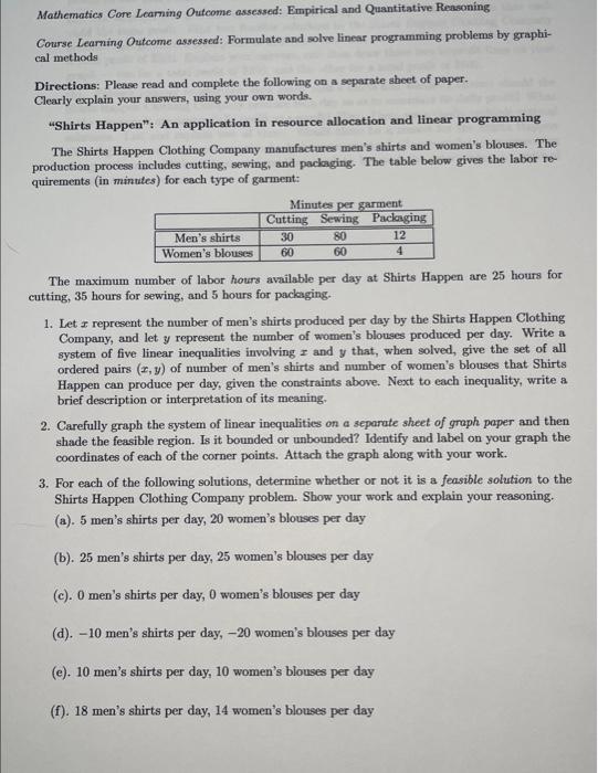 Solved Mathematics Core Learning Outcome assessed: Empirical | Chegg.com