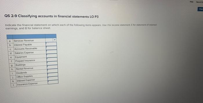 Solved QS 2-9 Classifying accounts in financial statements | Chegg.com