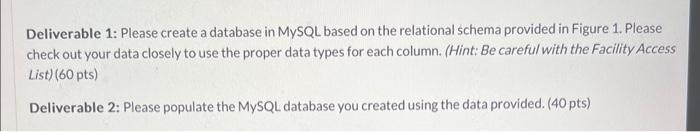 Solved Deliverable 1: Please create a database in MySQL | Chegg.com