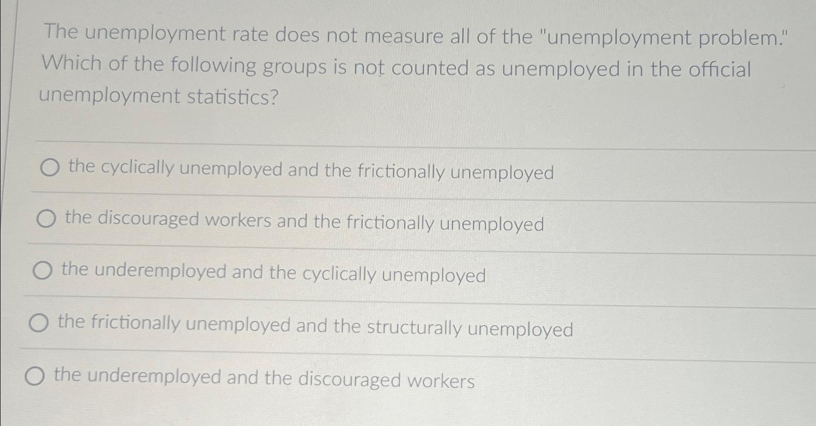 Solved The unemployment rate does not measure all of the | Chegg.com