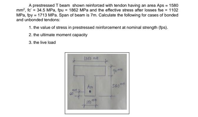Solved A prestressed T beam shown reinforced with tendon | Chegg.com