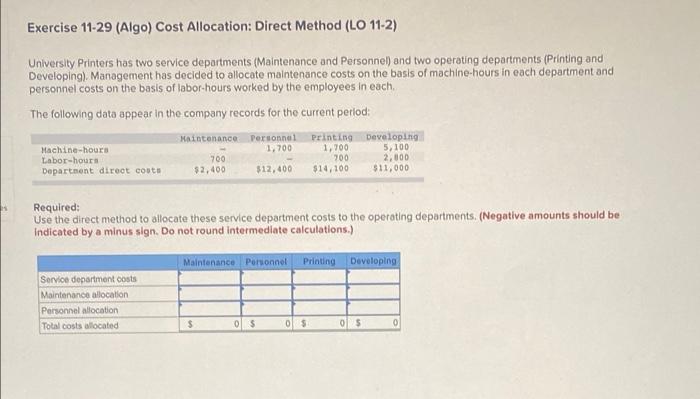 Solved Exercise 11-29 (Algo) Cost Allocation: Direct Method | Chegg.com