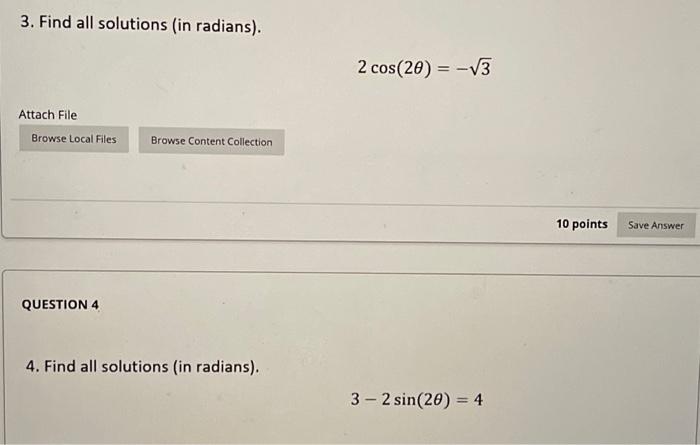 Solved 3. Find all solutions (in radians). 2cos(2θ)=−3 | Chegg.com